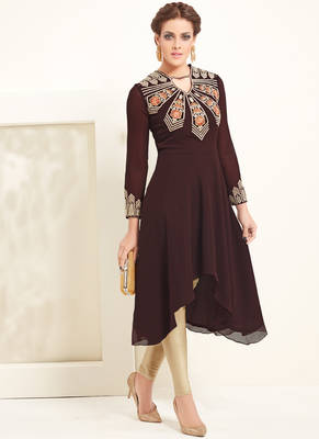 Dark brown embroidered georgette georgette-kurtis
