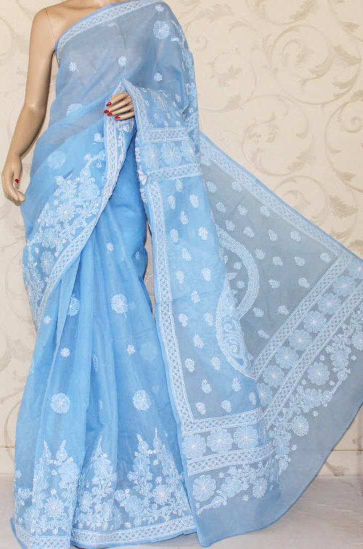 Buy Hand Embroidered Lucknowi Chikankari Saree (With Blouse-Cotton) Online