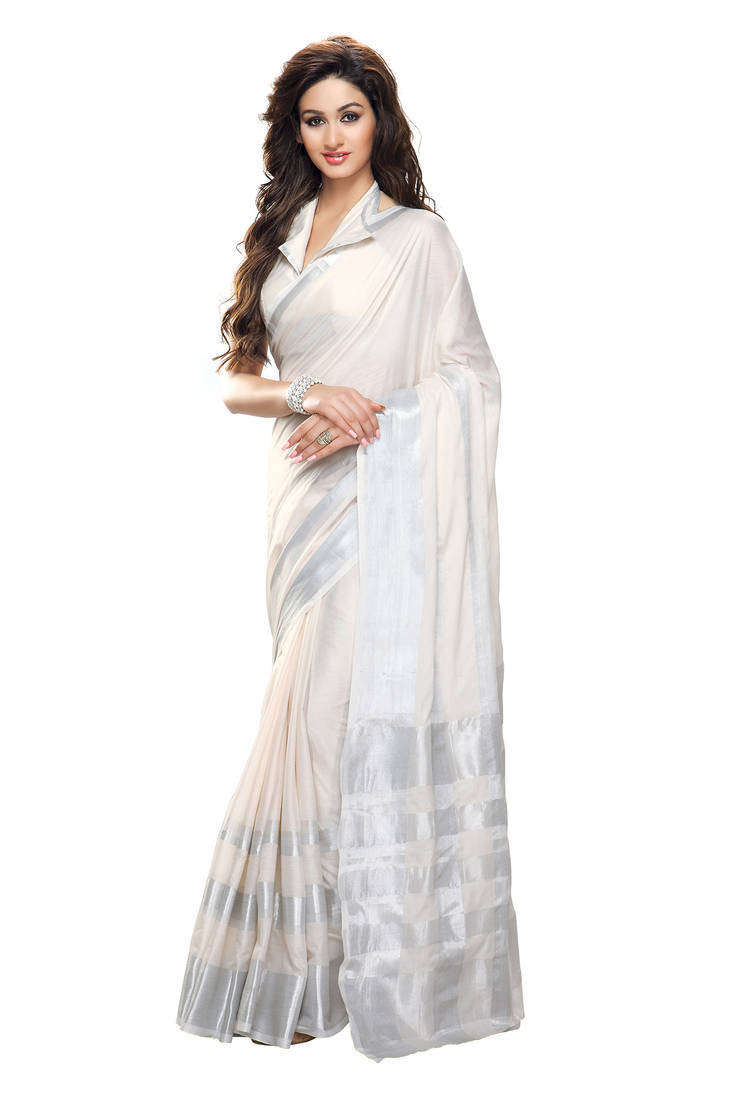 Buy White and Silver plain cotton saree with blouse Online